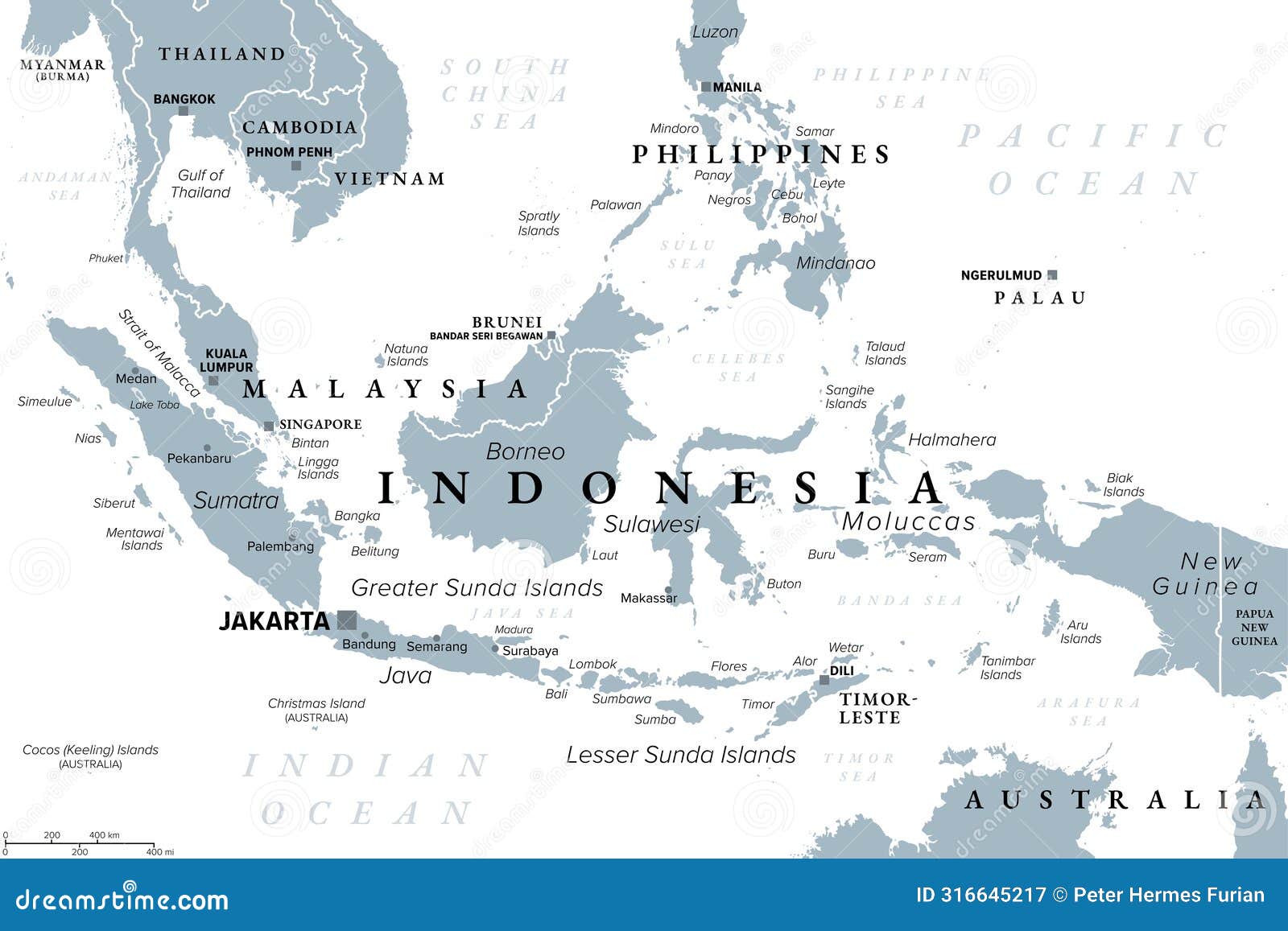Indonesia, a Country in Southeast Asia and Oceania, Gray Political Map ...