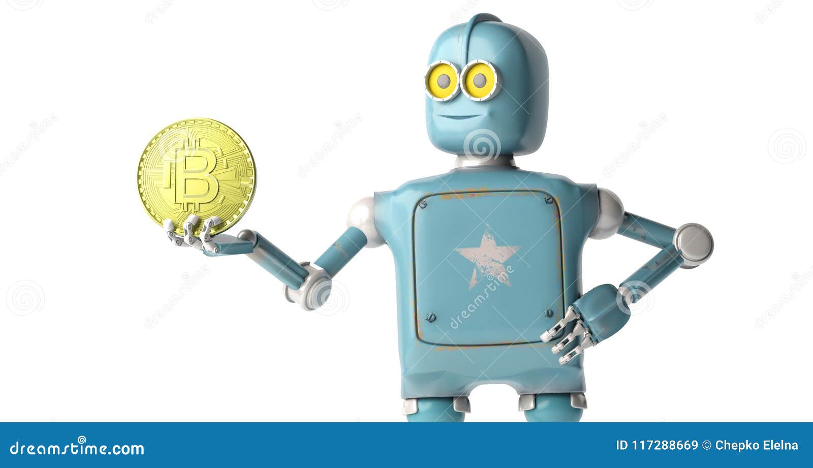 Rero Robot Holding Bitcoin. Isolate on White. Crypto Currency Stock ...