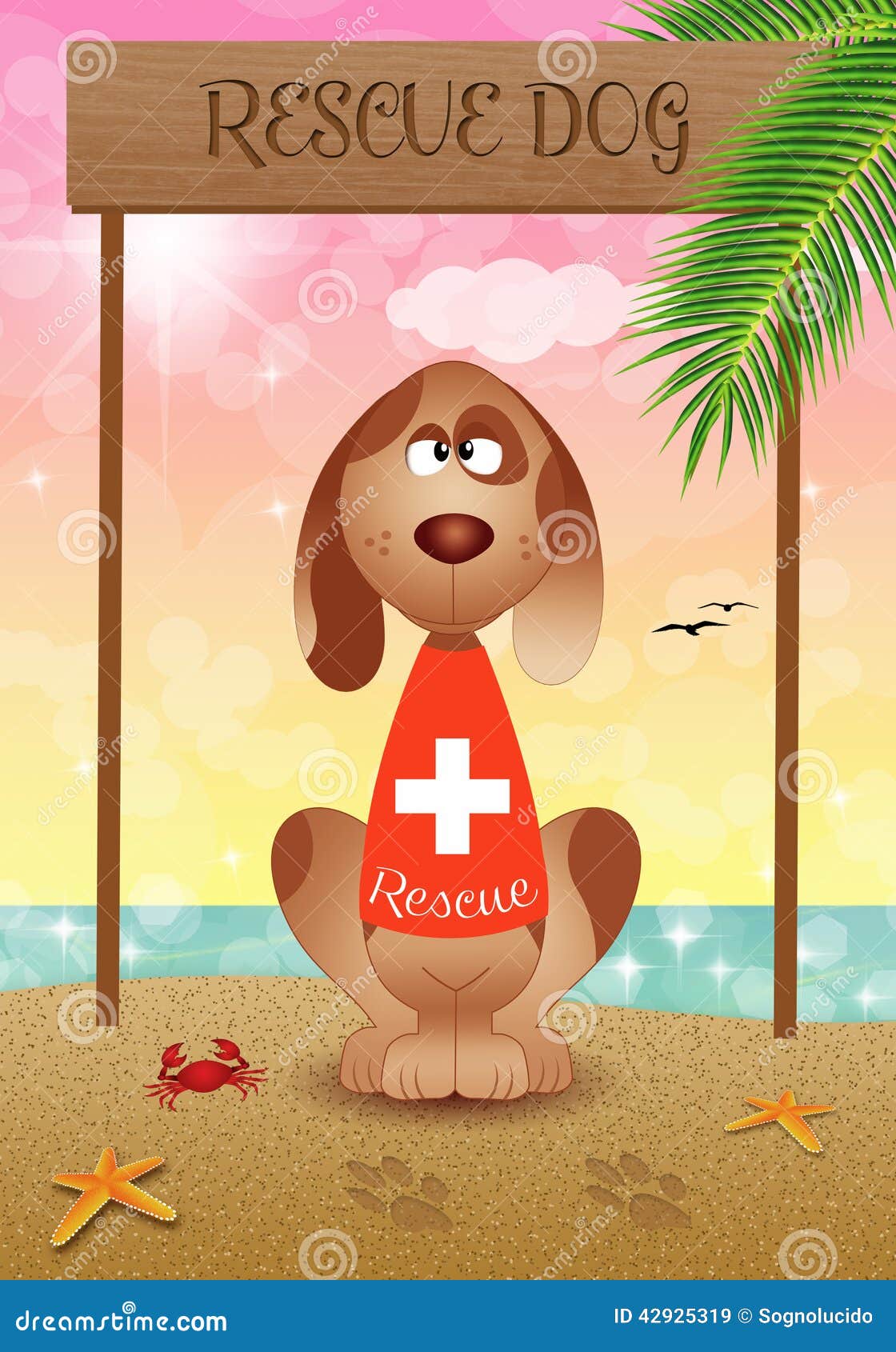 Rescue dog on the beach stock illustration. Illustration of cute - 42925319