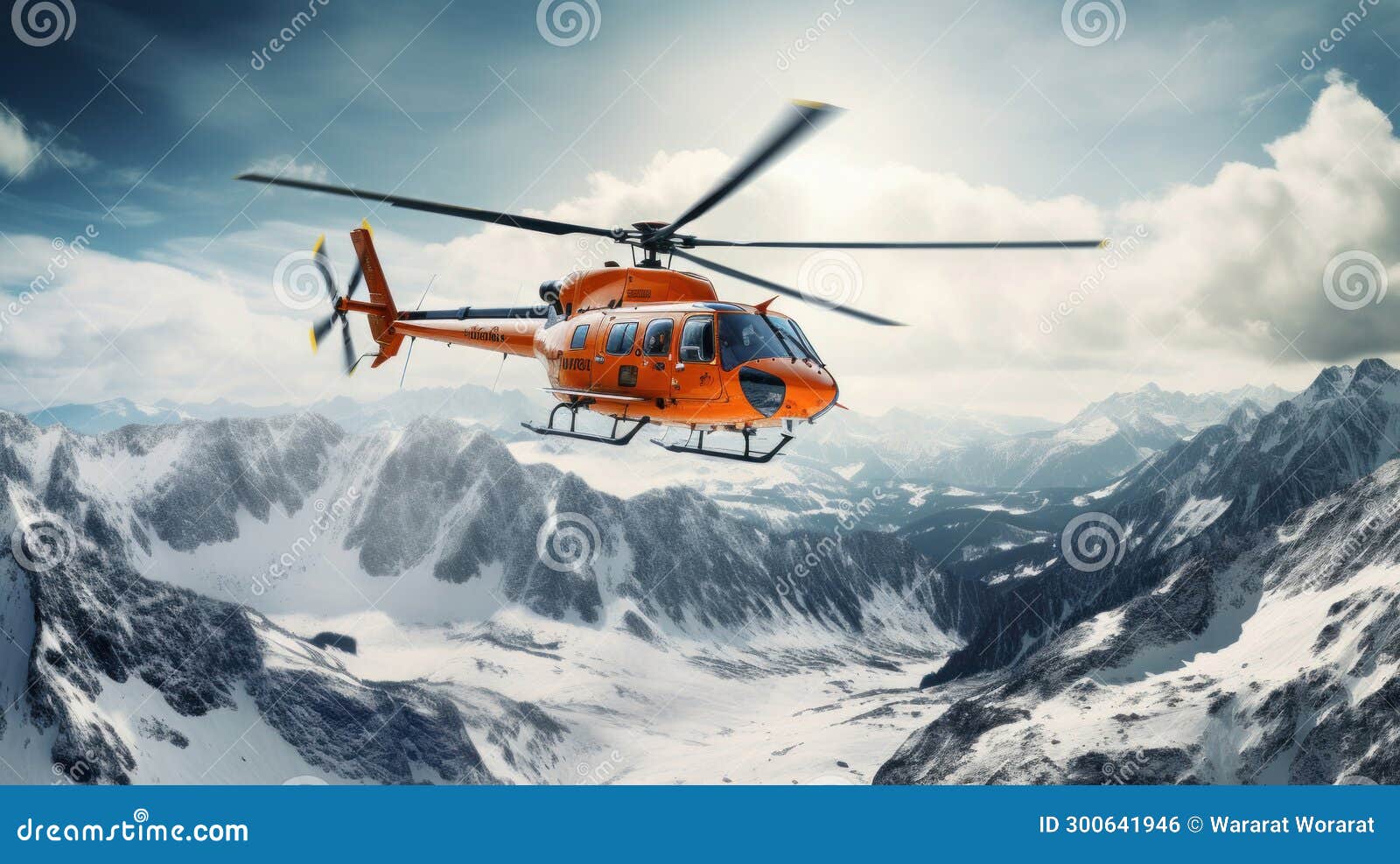 A Rescue Helicopter Flies Over Snowy Mountains Stock Photo - Image of ...
