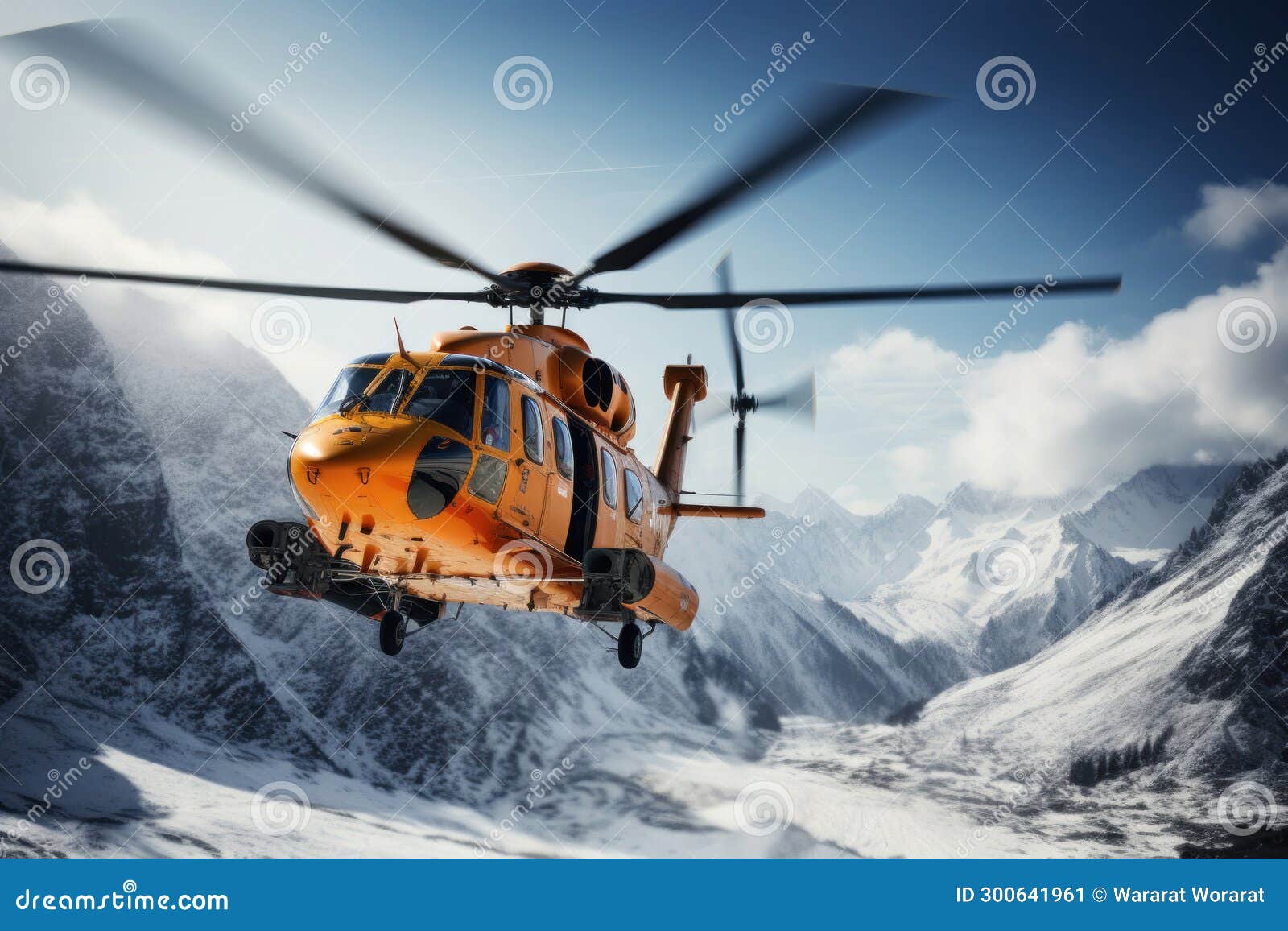 A Rescue Helicopter Flies Over Snowy Mountains Stock Image - Image of ...