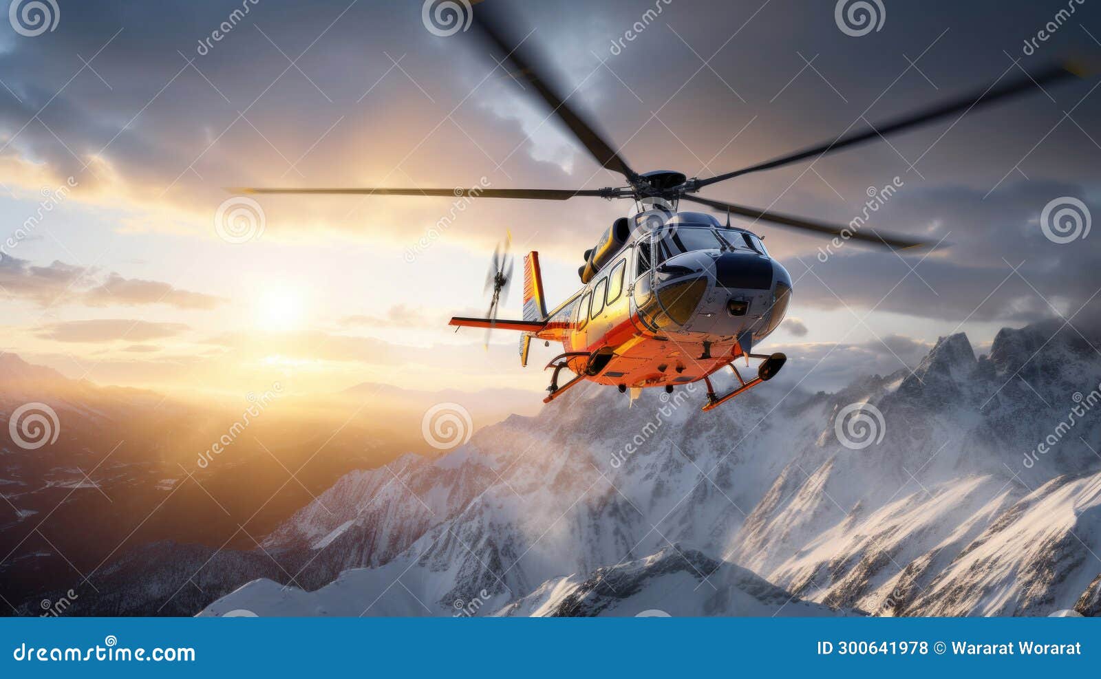 A Rescue Helicopter Flies Over Snowy Mountains Stock Photo - Image of ...