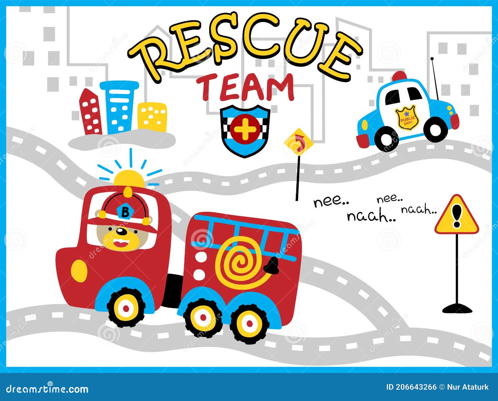 Rescue Team Cartoon Vector with Funny Firefighter and Police Car Stock ...