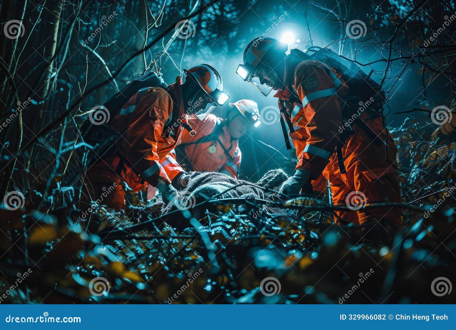 Rescue Team Working at Night in a Forest, Demonstrating Teamwork and ...