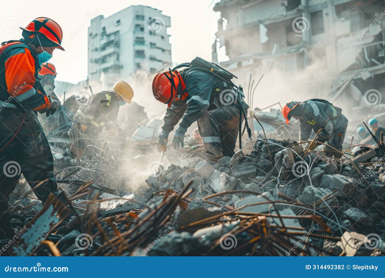 Rescue Workers Sift through Rubble after a Disaster, with Focus and ...
