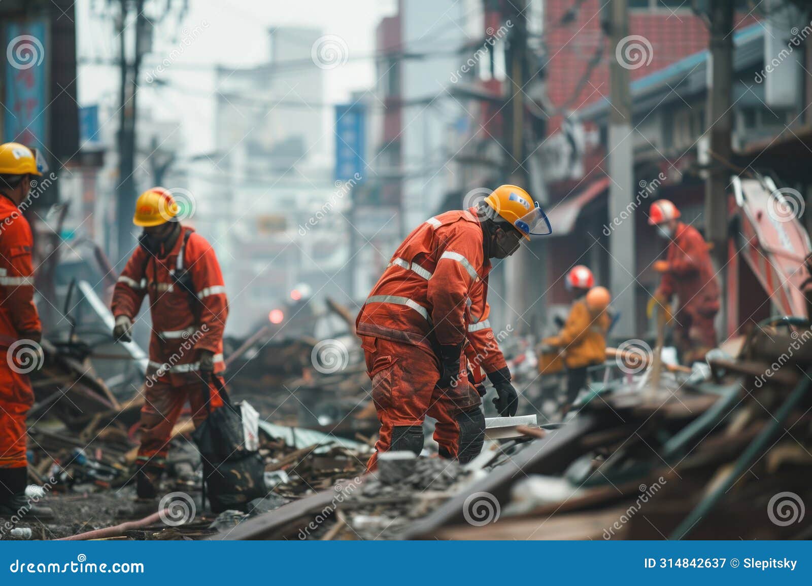 Rescue Workers Sift through Rubble after a Disaster, with Focus and ...