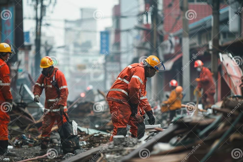 Rescue Workers Sift through Rubble after a Disaster, with Focus and ...