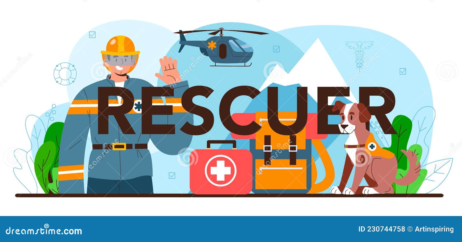 Rescue Typographic Header. Ambulance Lifeguard In Uniform Vector ...