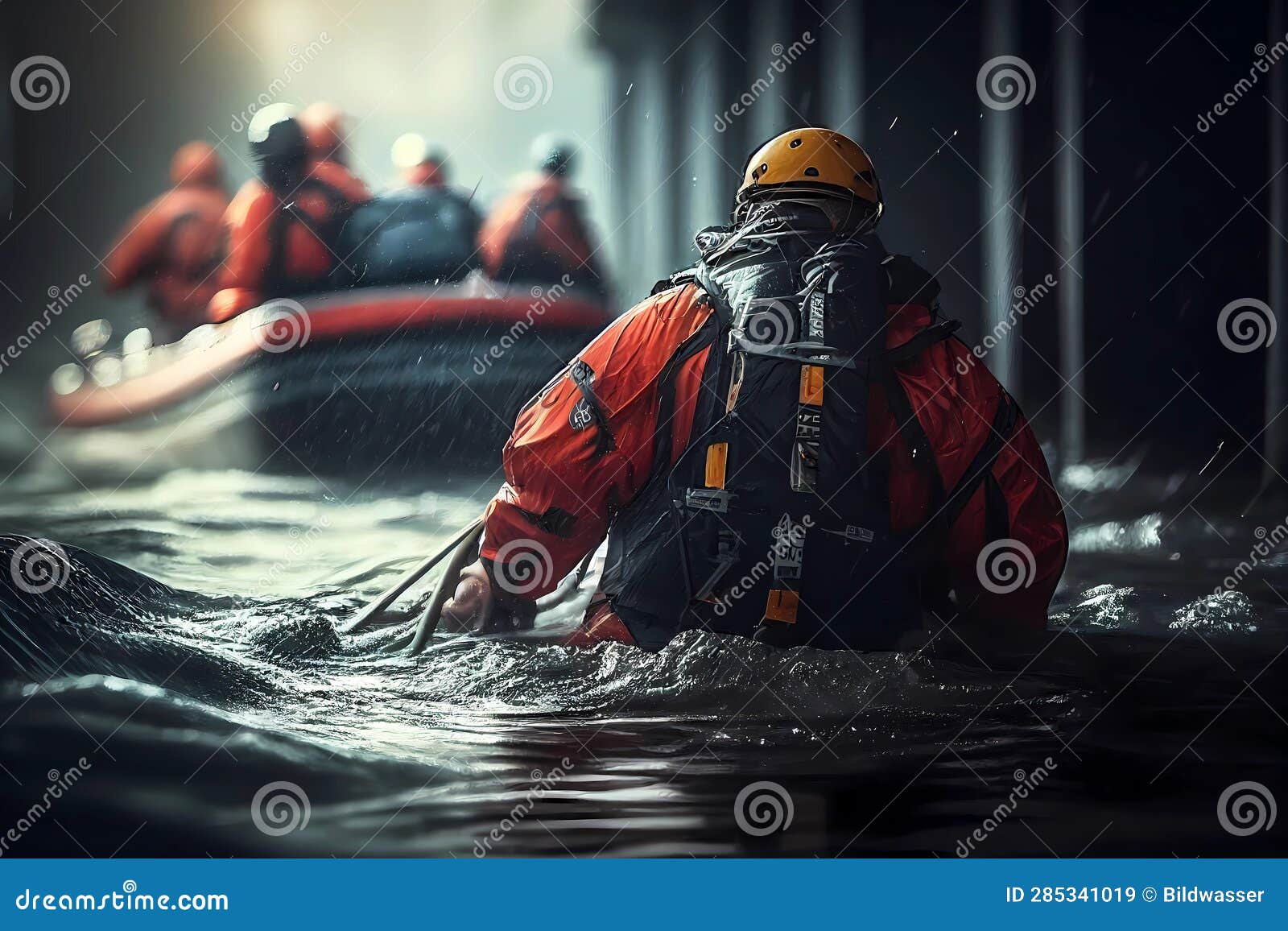 Rescuers Search For People In The Floods. Generative Ai Design Royalty ...