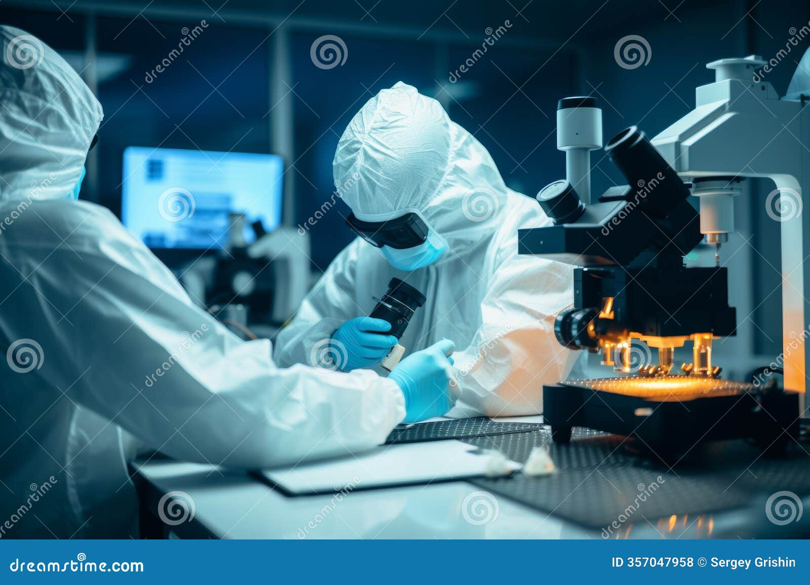 Research Cleanroom Engineers Examining Samples Under a Microscope in a ...