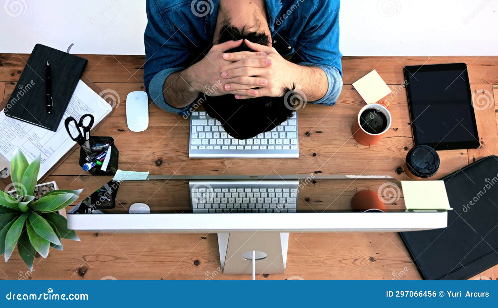 Research, Computer and Stress with Businessman from Top View Typing for ...