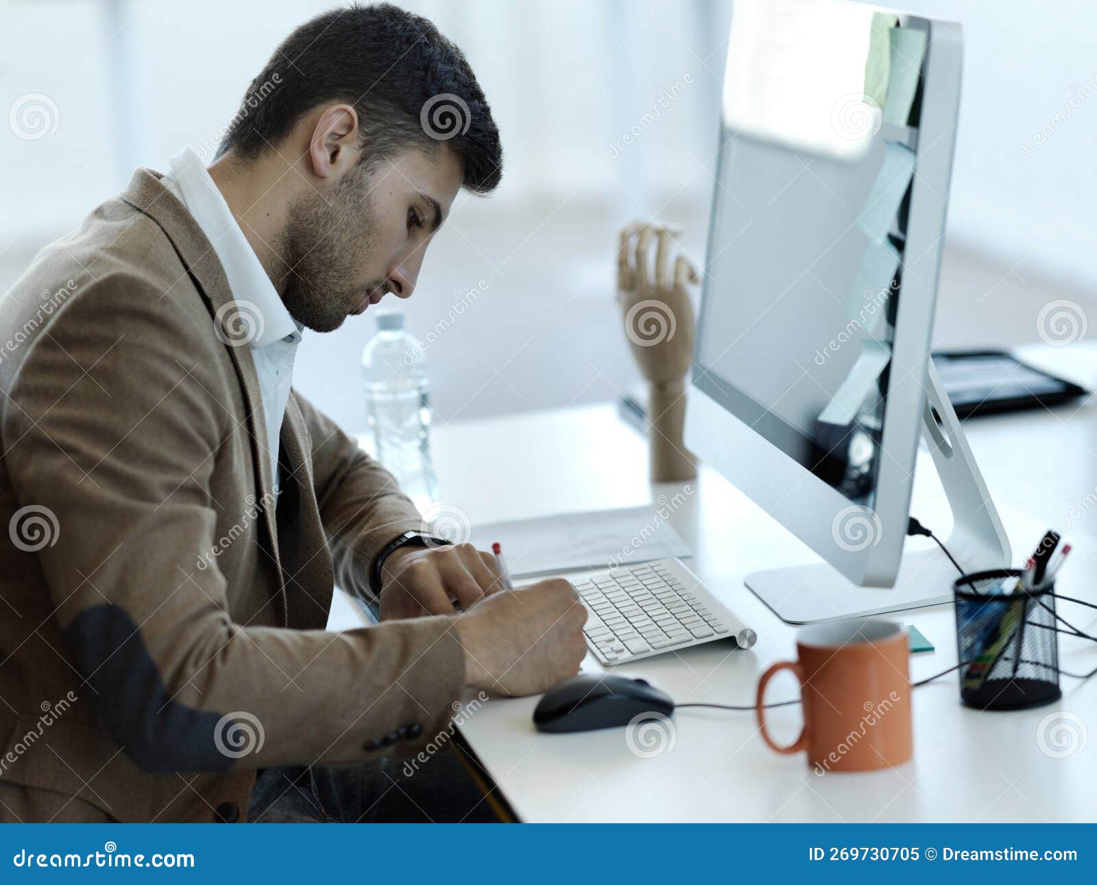 Research, Computer and Writing with Businessman in Office for Web ...