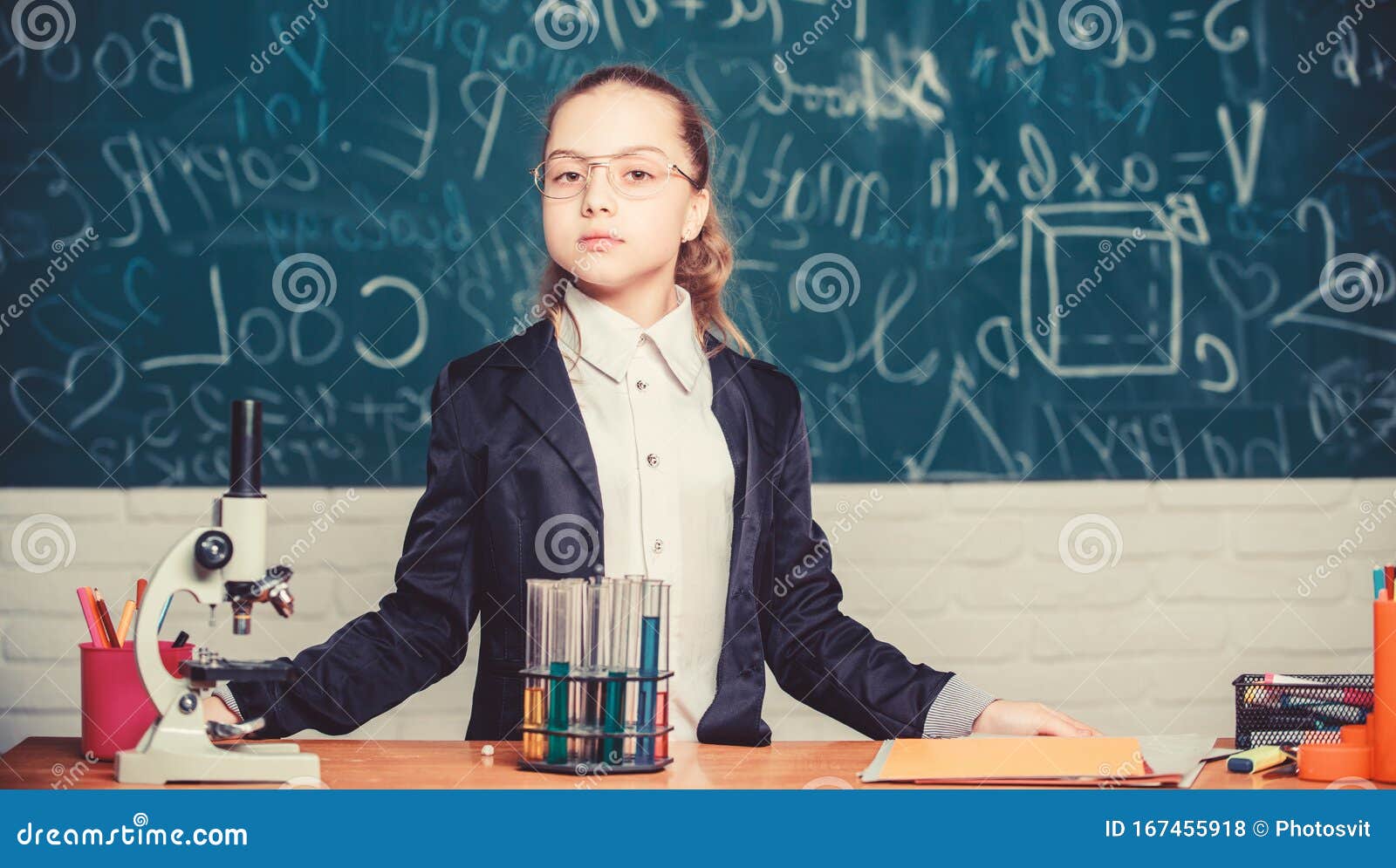 Research and Development. Little Girl in School Lab. Biology Education ...