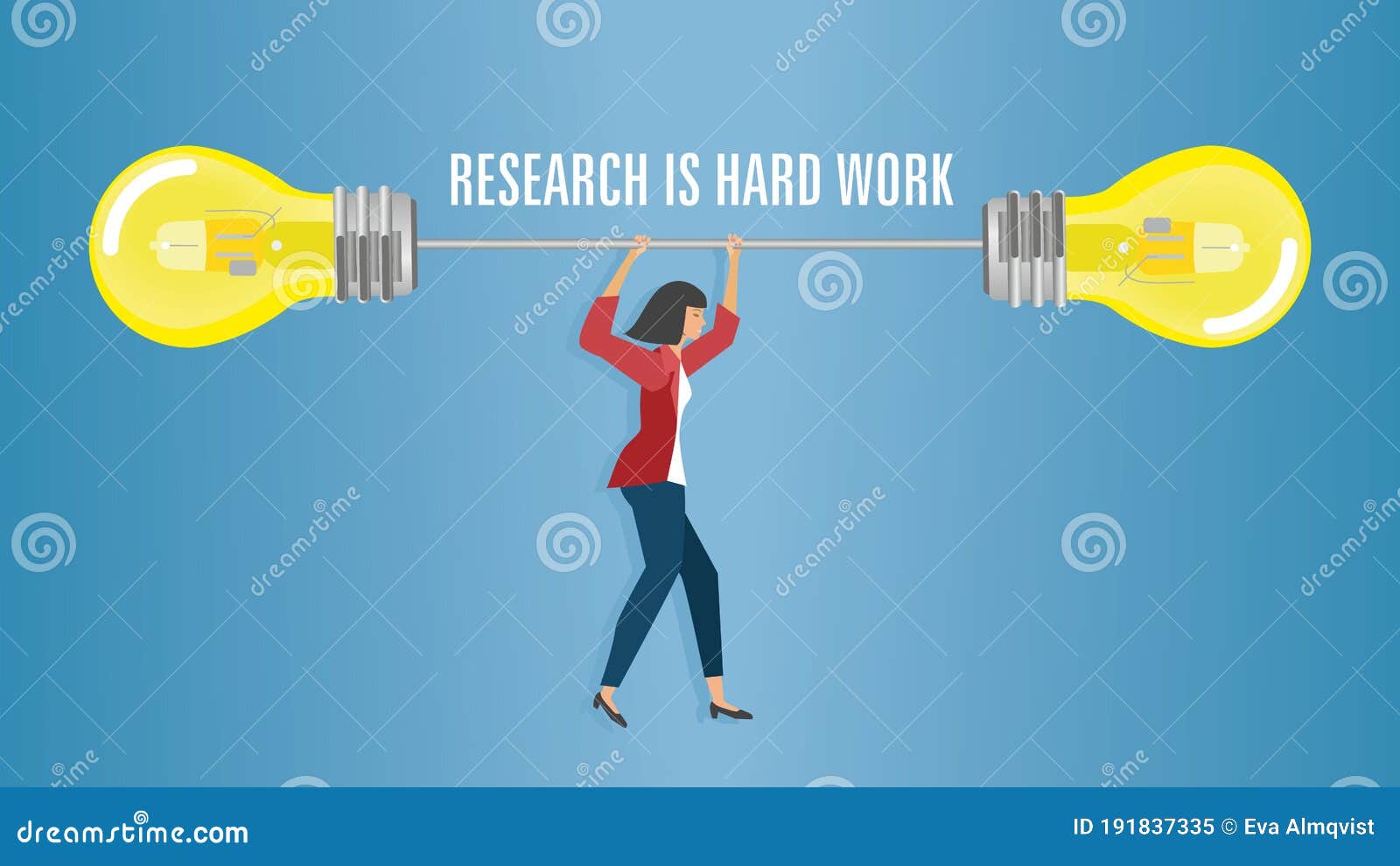 Research is Hard Work. Woman and Two Big Lightbulbs. Stock Vector ...