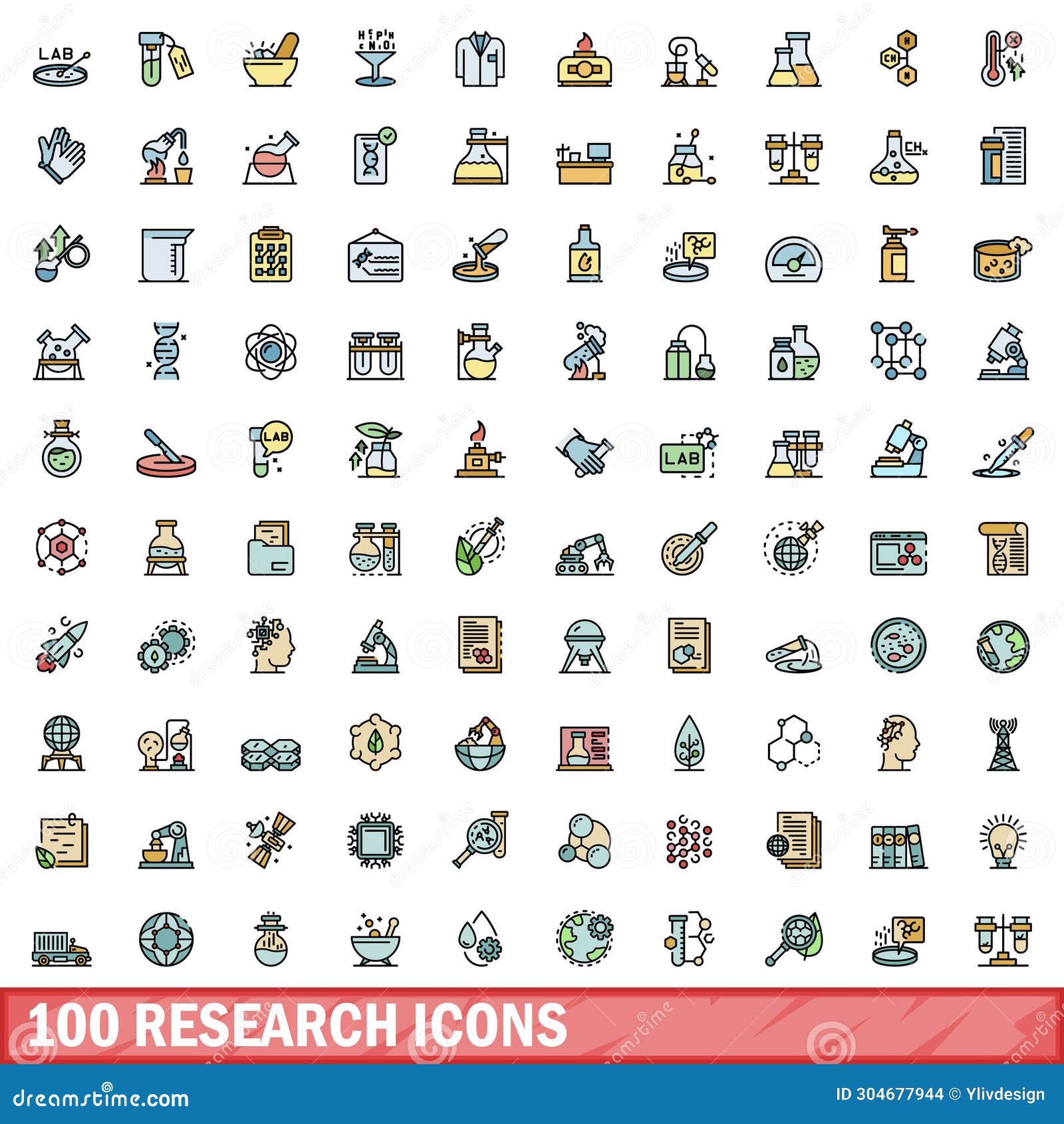 100 Research Icons Set, Color Line Style Stock Illustration ...
