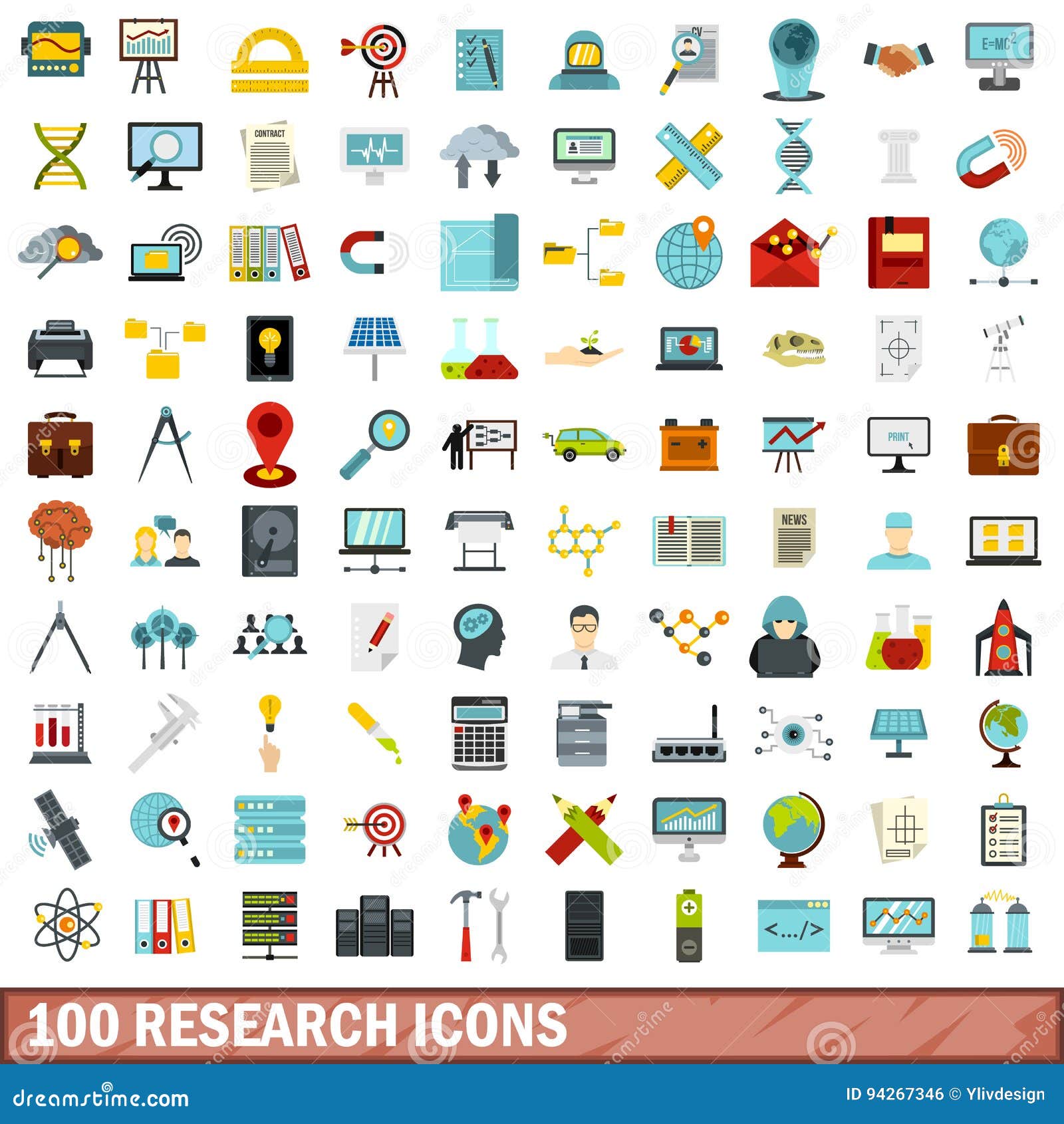 100 Research Icons Set, Flat Style Stock Vector - Illustration of ...