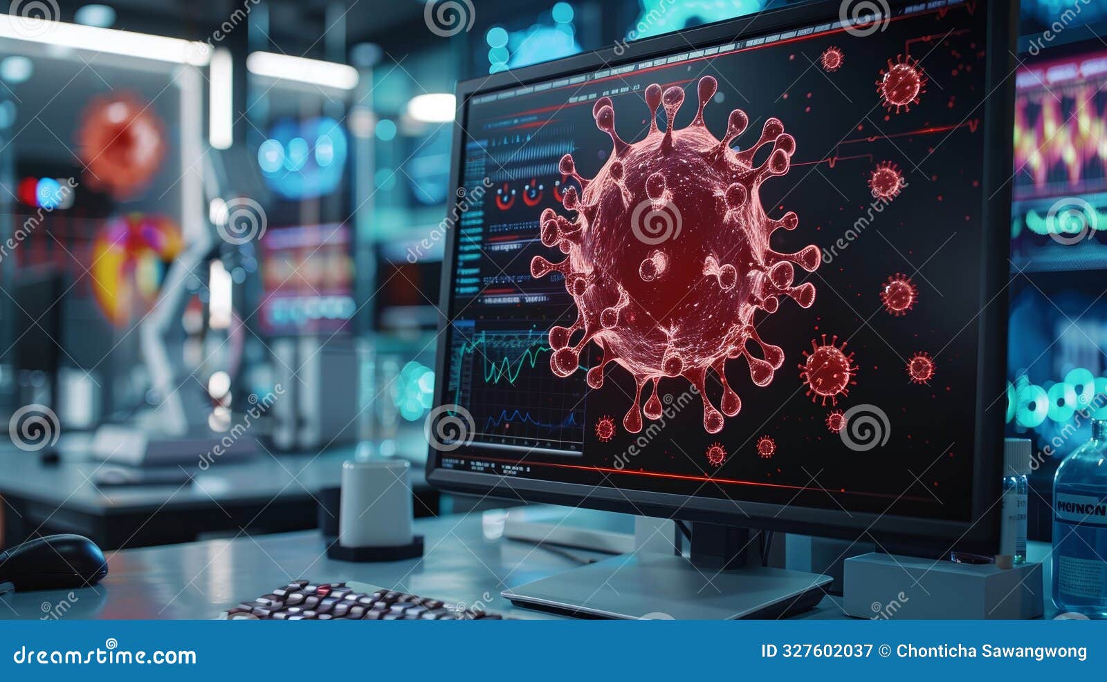 Research Lab With Computer Displaying Virus Model. Sci-tech Environment With Data Analysis For ...