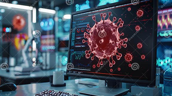 Research Lab with Computer Displaying Virus Model. Sci-tech Environment ...