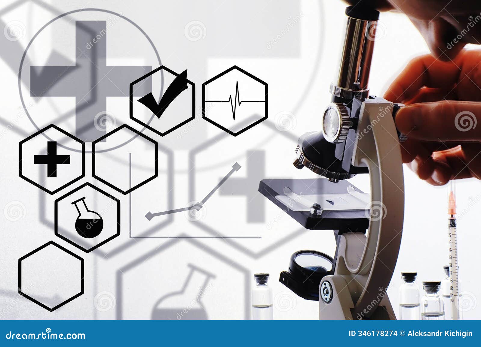 Research Laboratory. Test Tubes and Microscope on the Table. Double ...