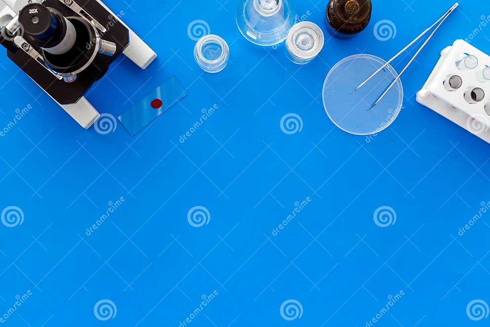Research with Microscope. Laboratory Backround with Blood Sample on ...