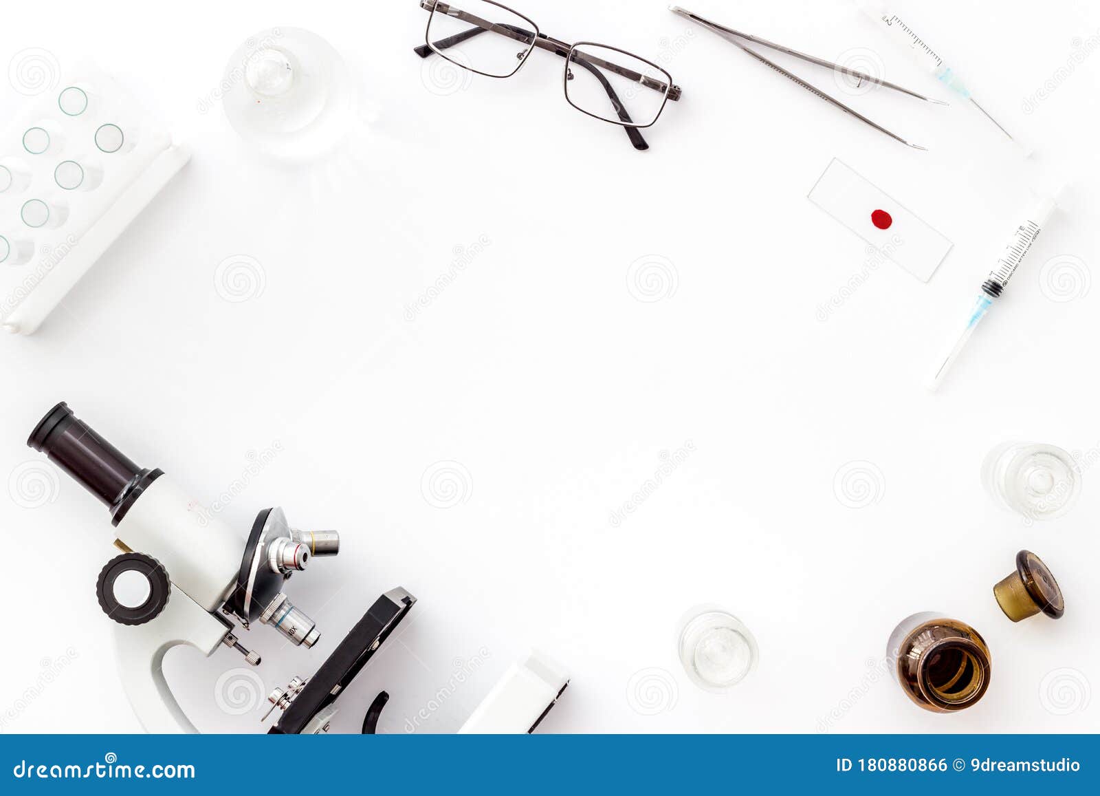 Research with Microscope. Laboratory Backround with Blood Sample on ...