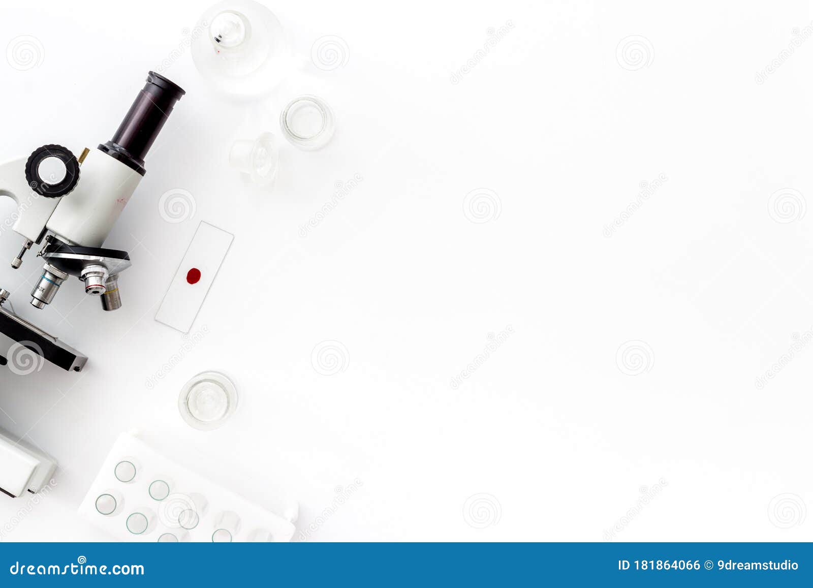 Research with Microscope. Laboratory Backround with Blood Sample on ...