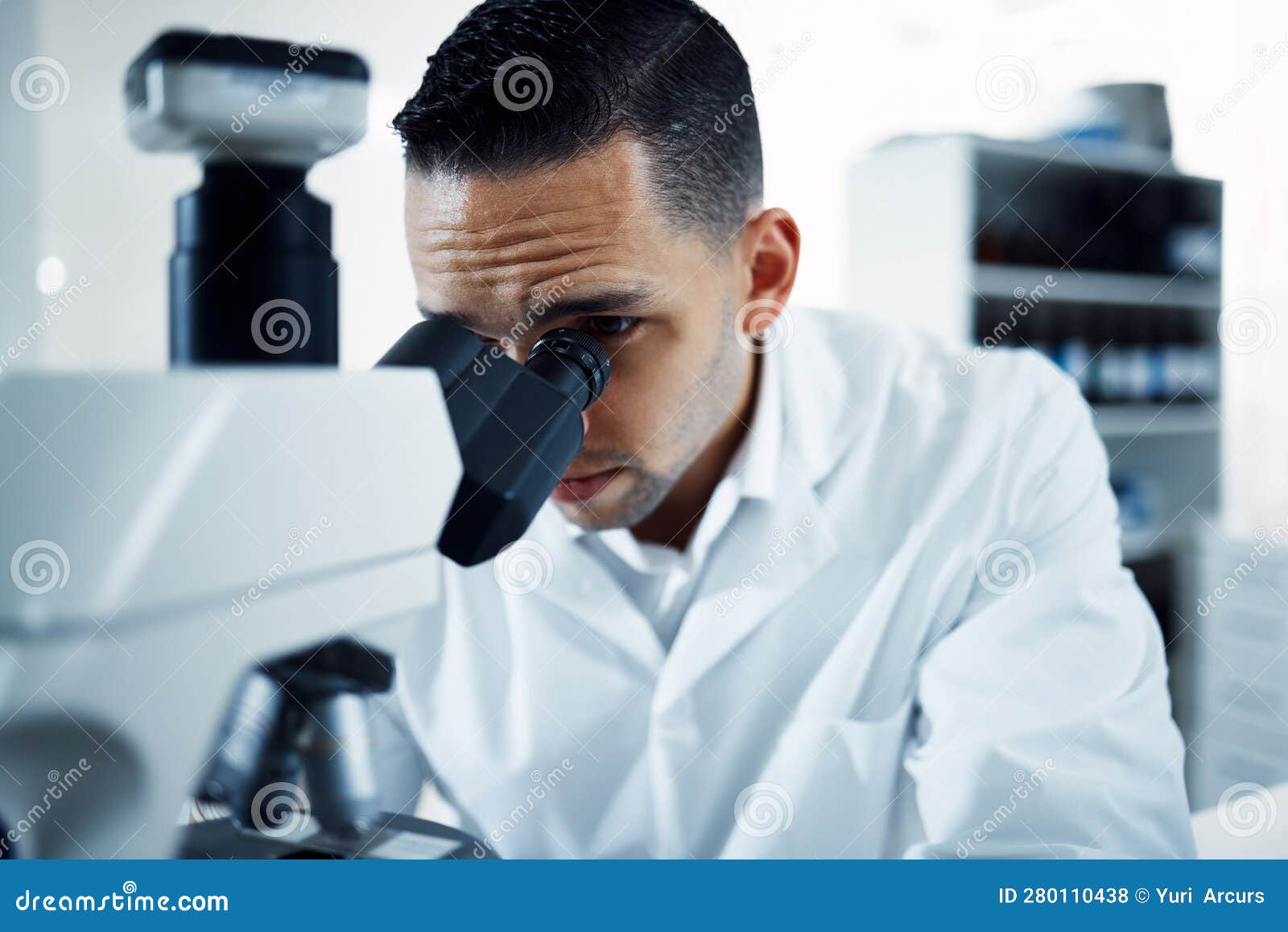 Research, Microscope and Man Scientist in a Laboratory for Experiment ...