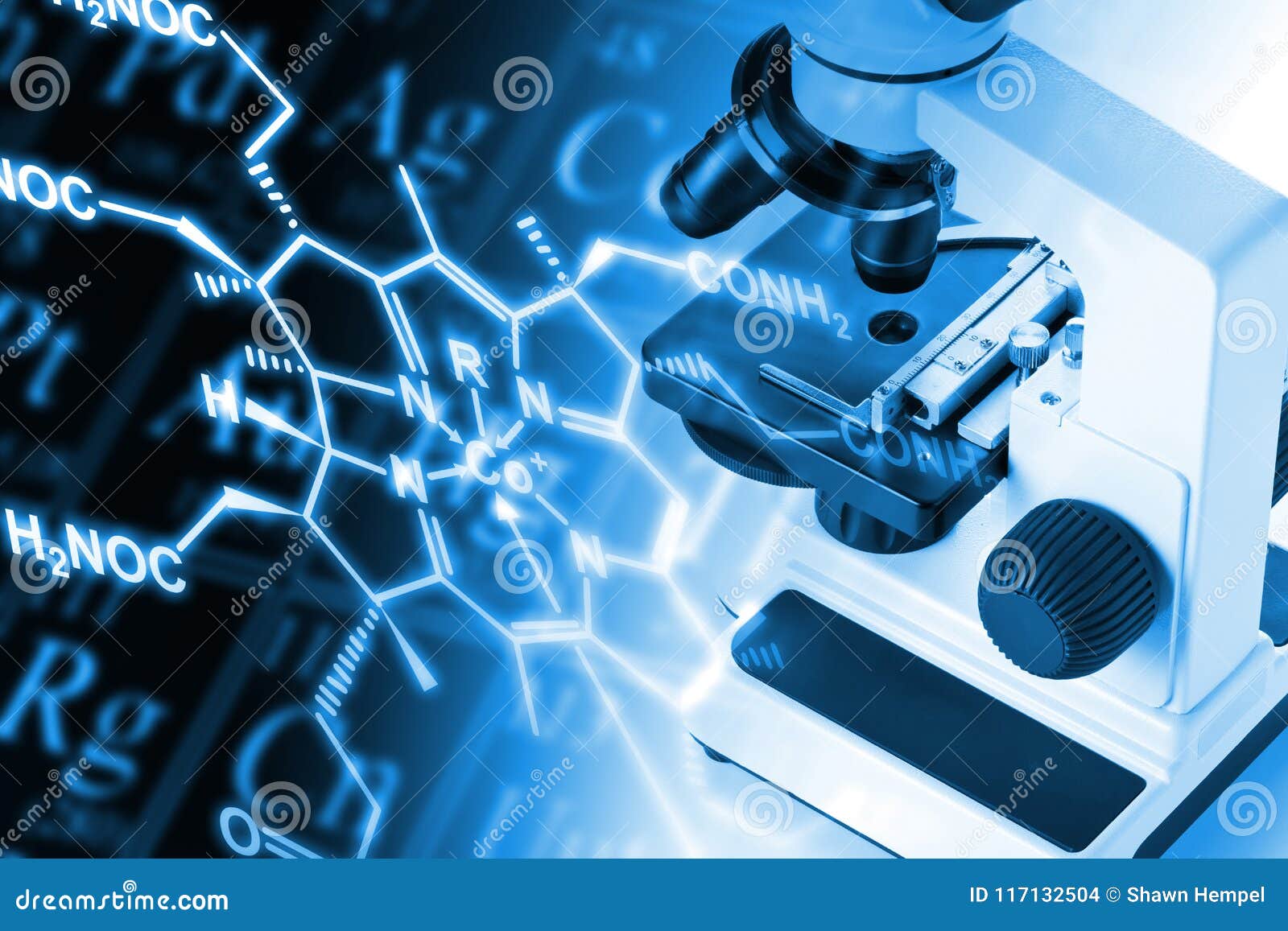 Research Microscope With Molecule Structural Formula And Periodic Table ...