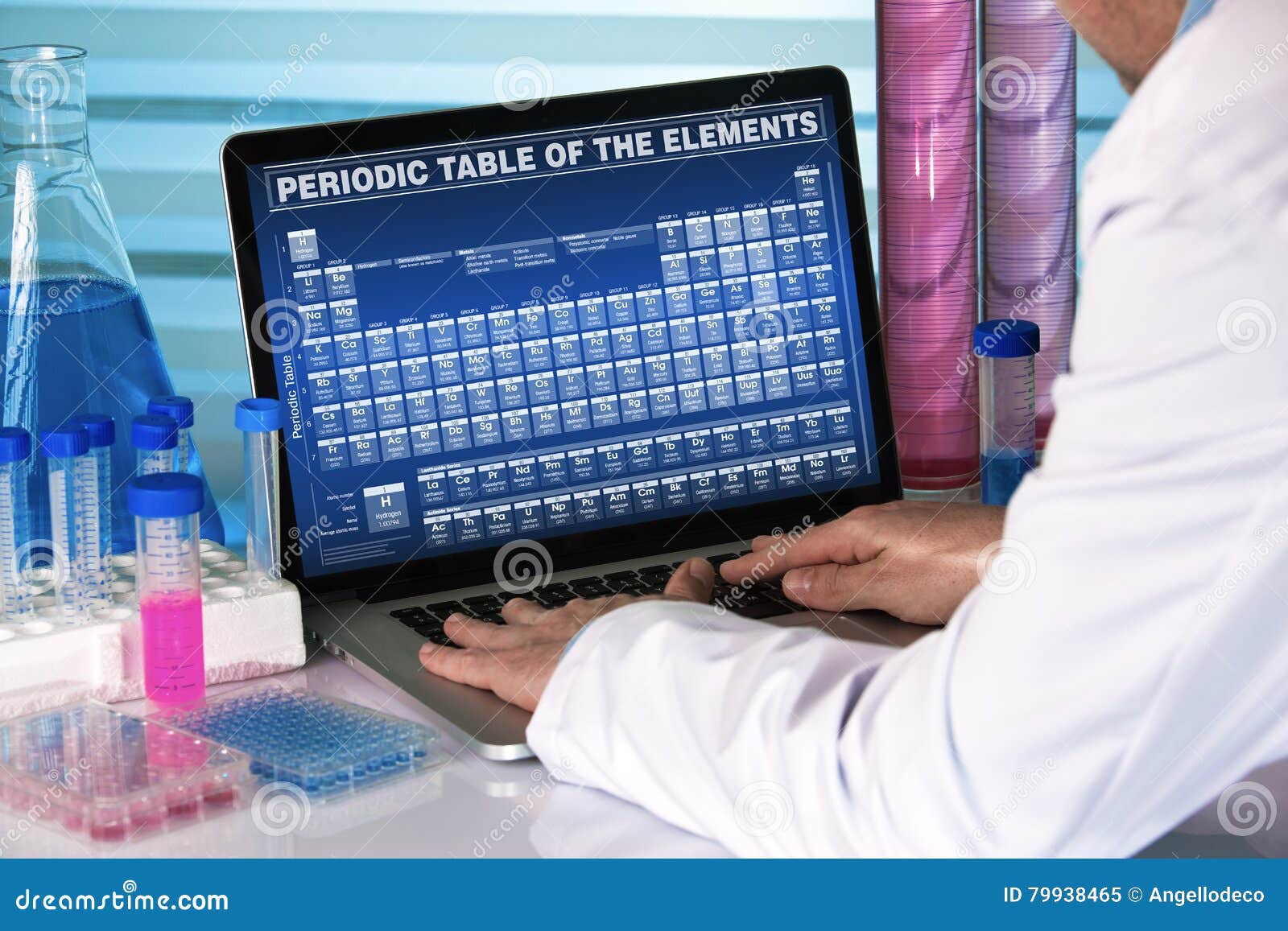 Research Scientist Using Computer with Periodic Table of Element Stock ...
