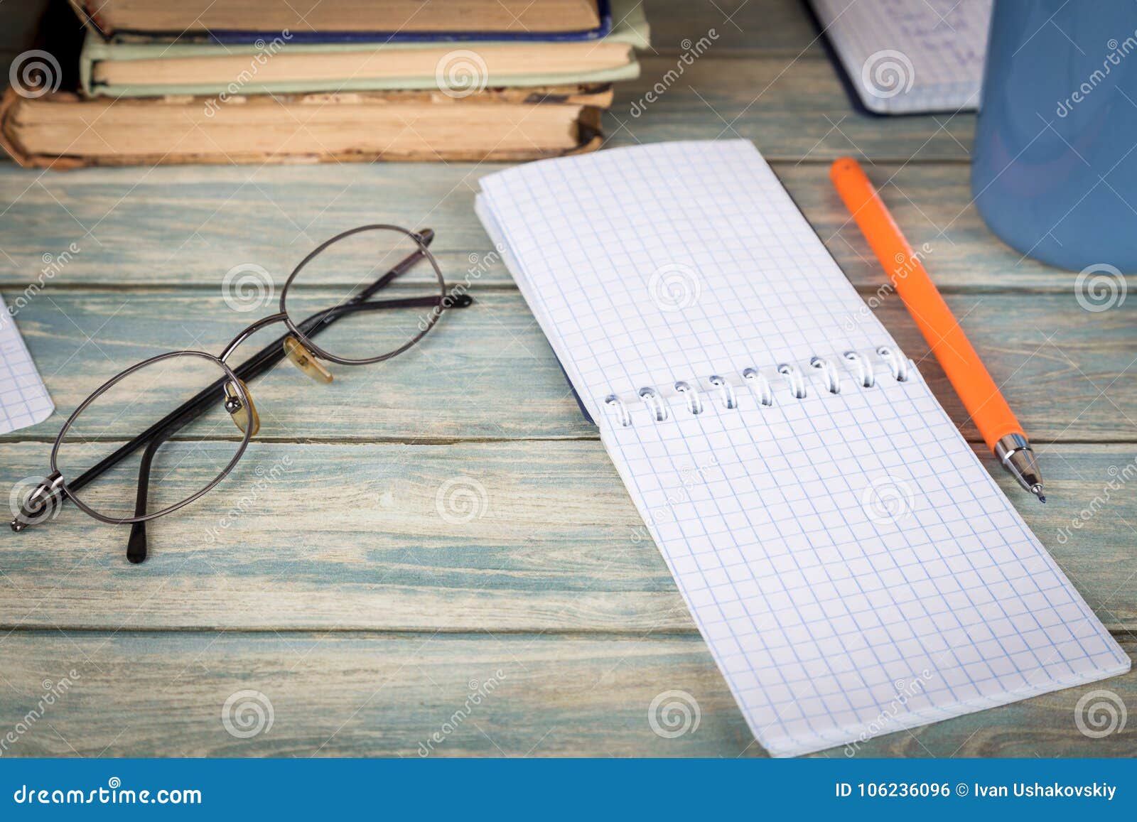 Research and Study Concept. Empty Notebook Page on Wooden Table Stock ...
