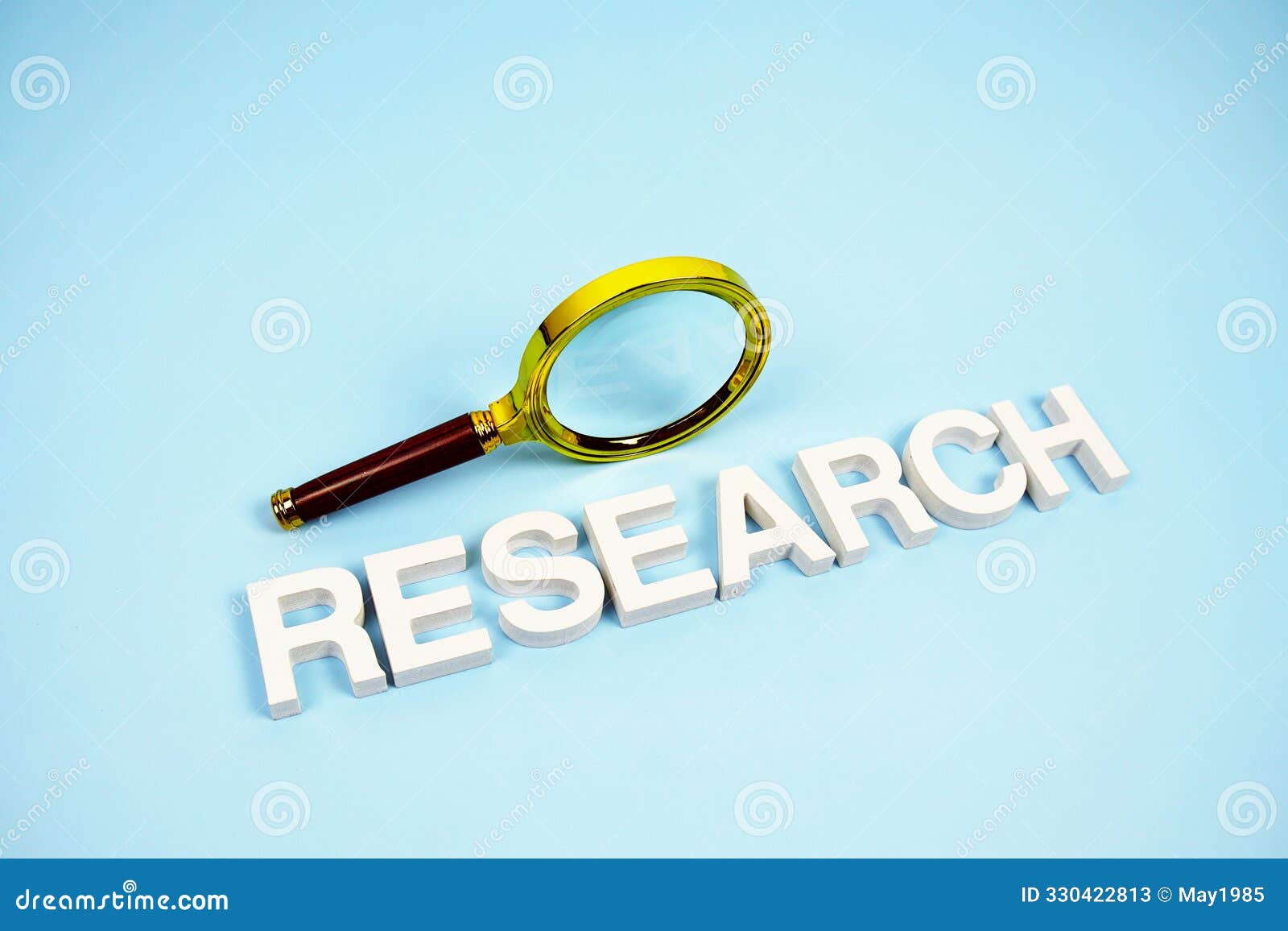 Research Word With Magnifying Glass Top View On Blue Background Royalty ...