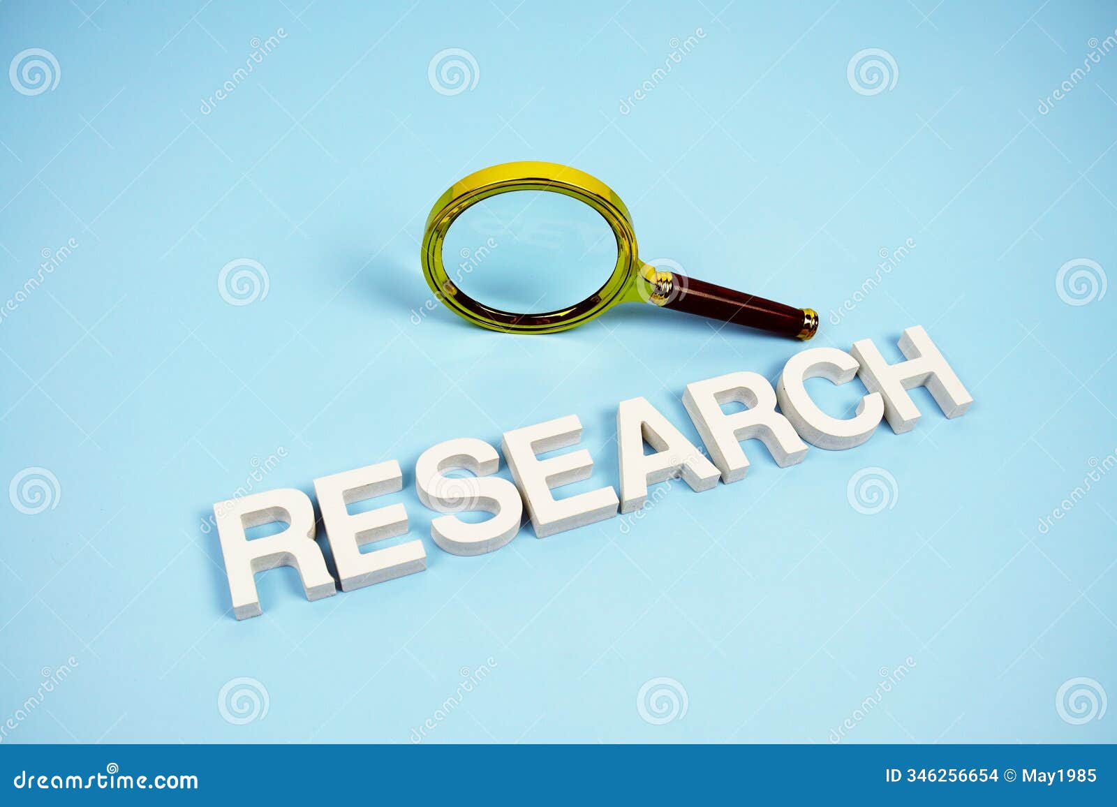 Research Word with Magnifying Glass Top View on Blue Background Stock ...