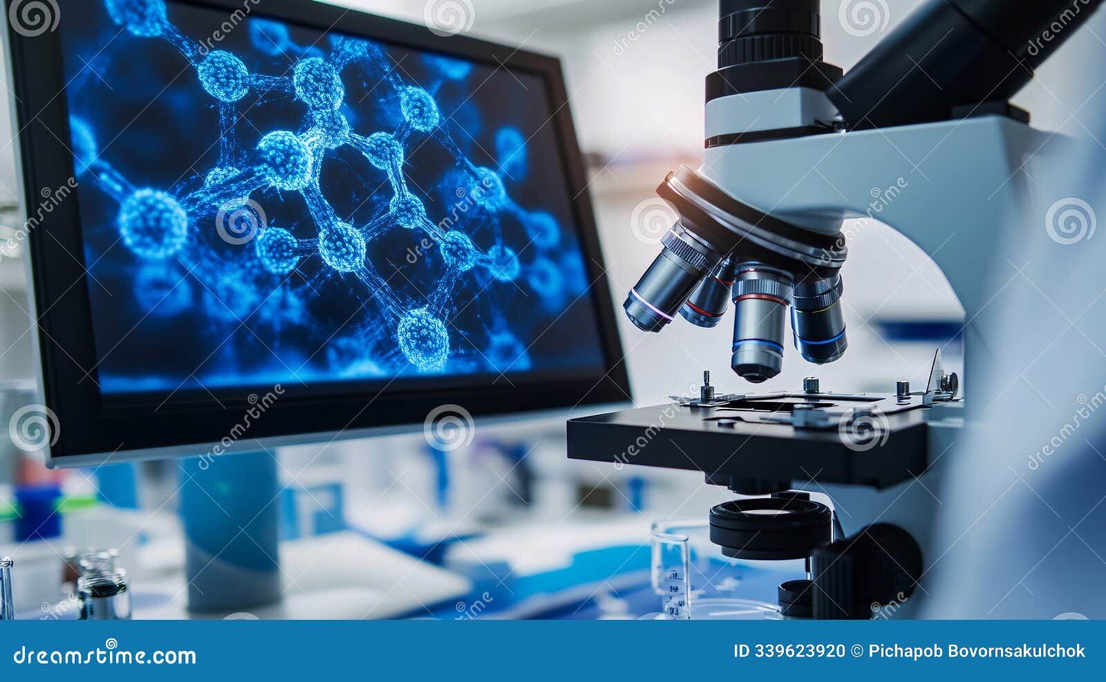 Researcher Analyzing Molecular Structures Under Microscope Stock ...
