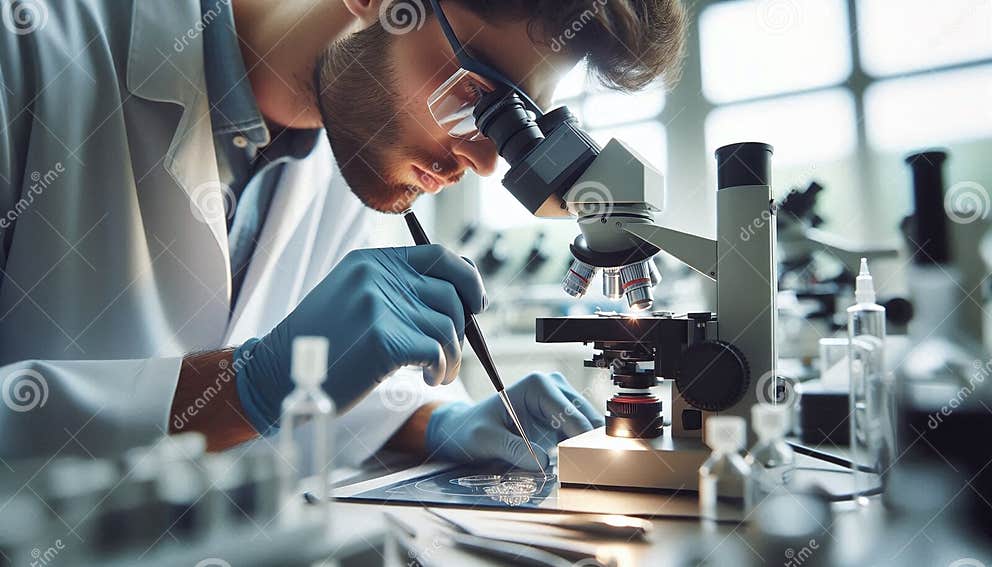 Researcher Examining Samples Under Microscope with Focus on Hands and Equipment Stock ...