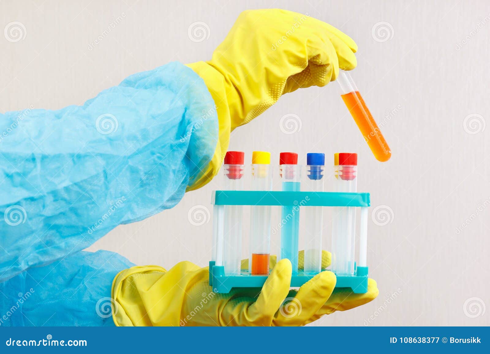 Researcher Hands in Rubber Gloves Doing Chemical Experiments in ...