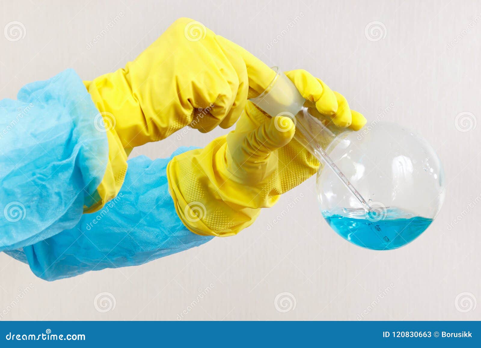 Researcher Hands in Rubber Gloves Engaged in Chemical Experiments in ...