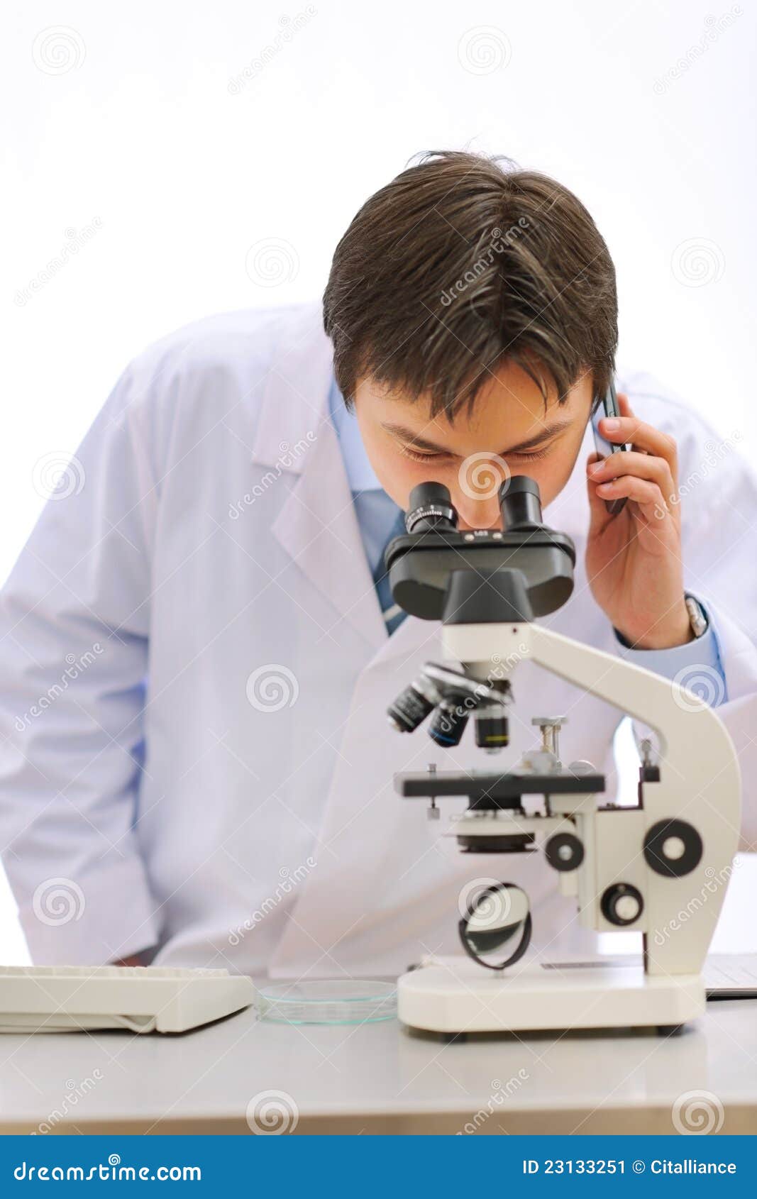 Researcher Looking in Microscope Stock Image - Image of speaking ...