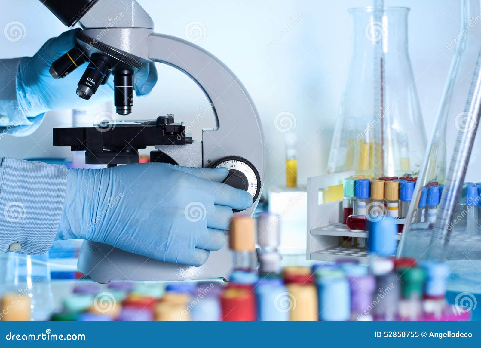 Researcher at the Microscope Lab Workbench Stock Image - Image of hands ...