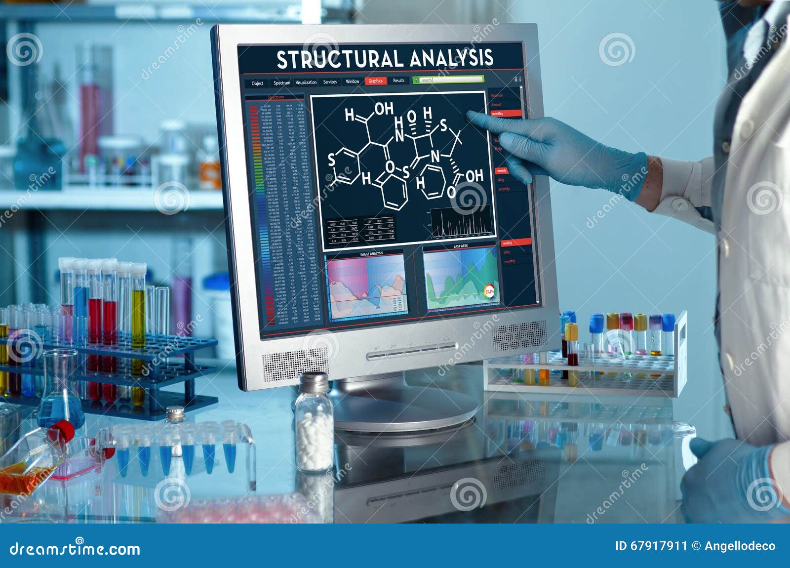 Researcher Touching the Screen of Report of Structural Analysis Stock ...
