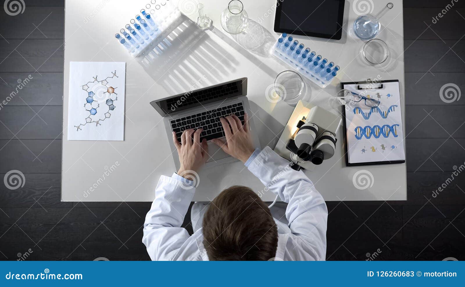 Researcher Typing Observations on Laptop, Viewing Sample Under ...