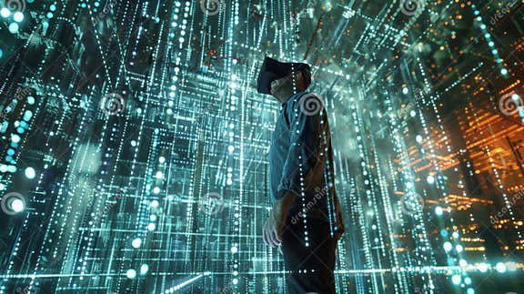 A Researcher Wearing a VR Headset Standing Ast Towering Digital ... A Researcher Wearing a VR Headset Standing Ast Towering Digital ...