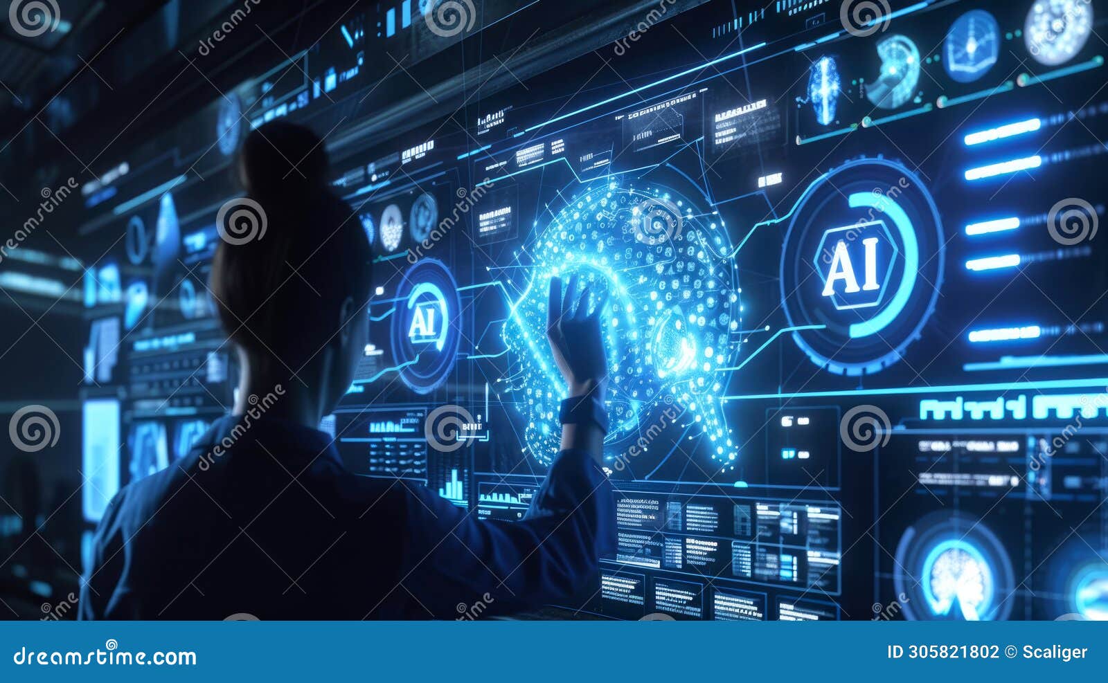 Researcher Works with Artificial Intelligence Control Panel in Dark ...