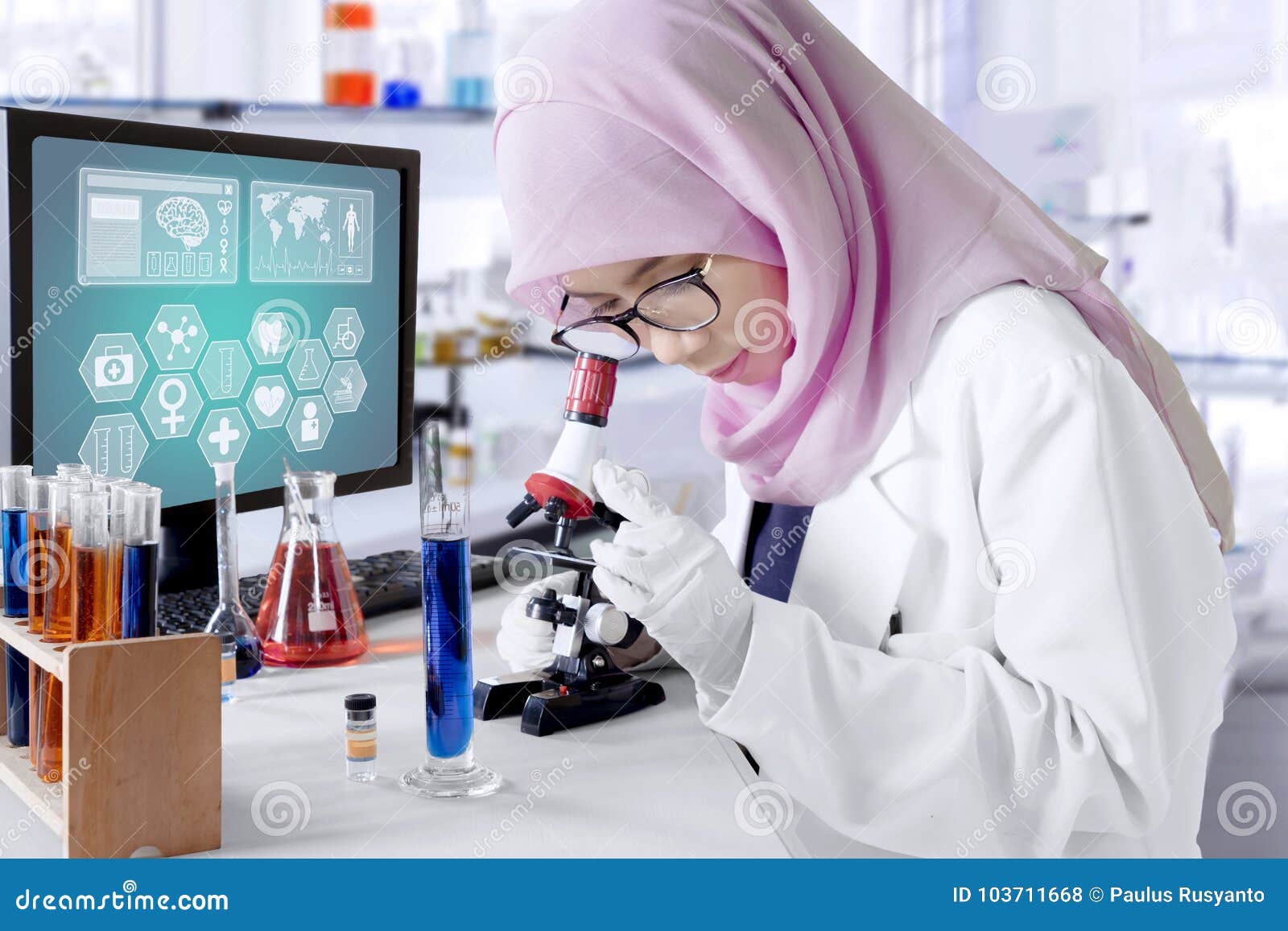 Researcher Works with Microscope in the Lab Stock Photo - Image of ...