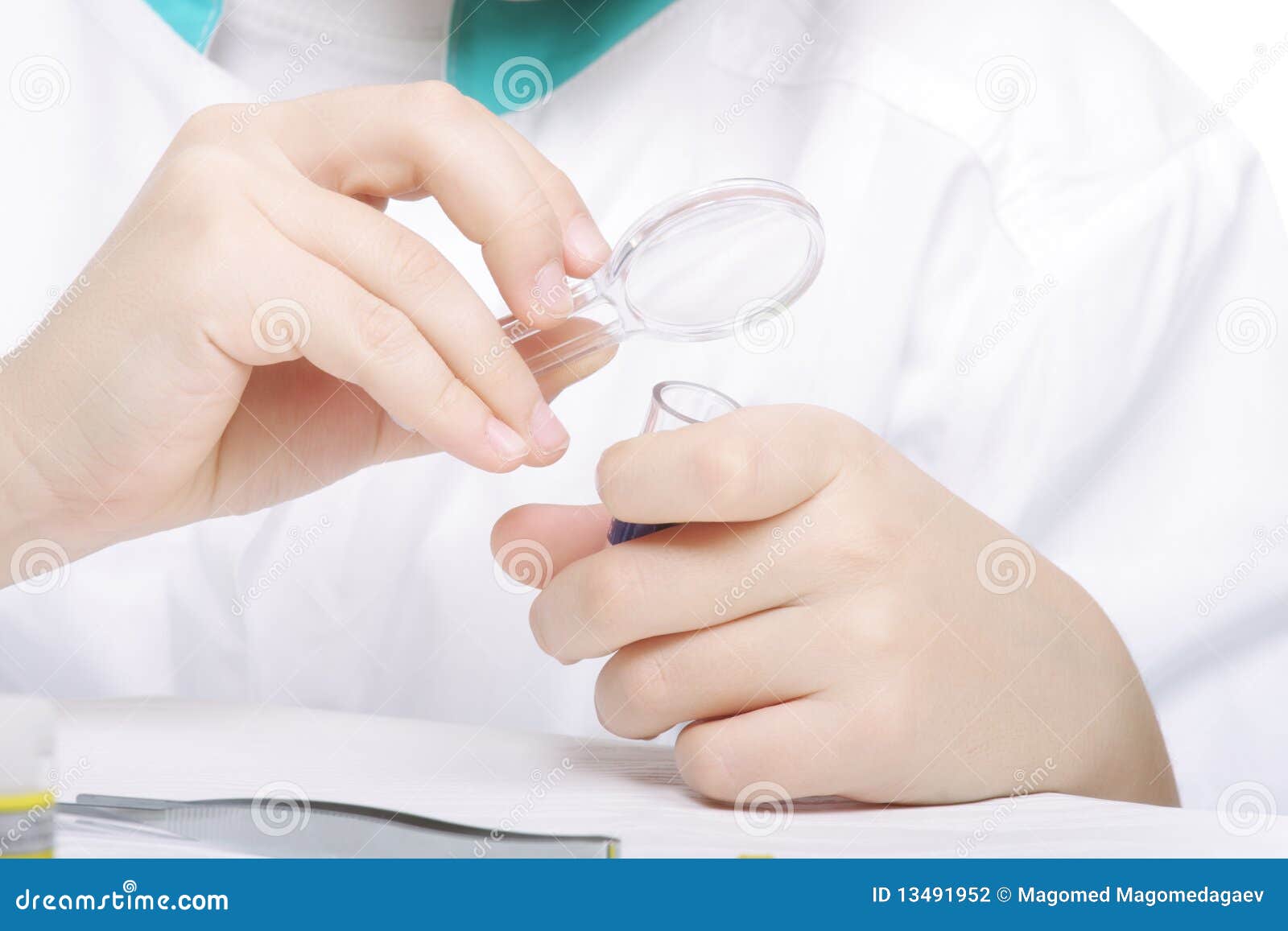 Researchers Hands with Magnifying Glass Stock Photo - Image of ...