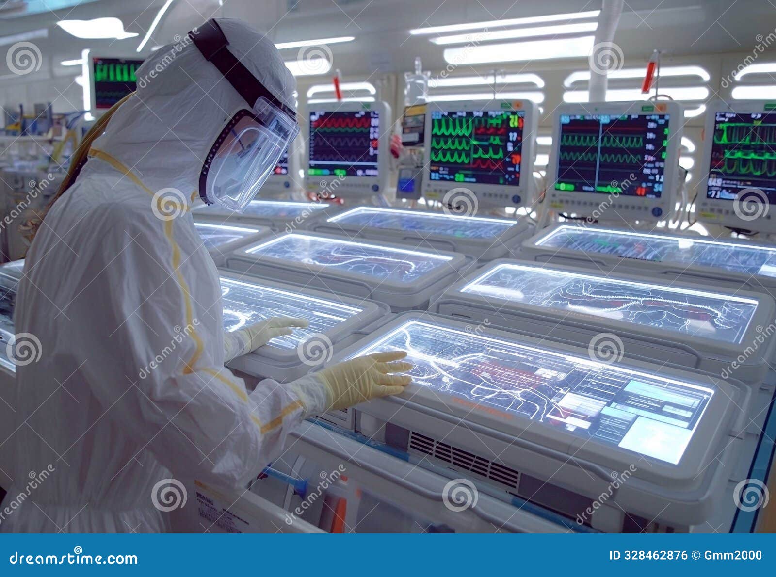 Researchers In PPE Suits In A High-tech Lab With Multiple Computer ...