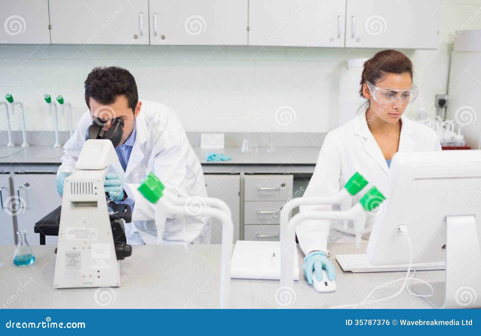 Researchers Using Microscope and Computer in the Lab Stock Photo ...