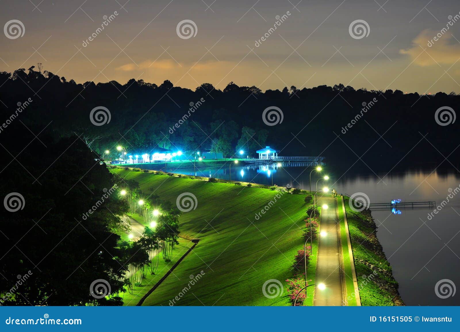 Reservoir with Lighted Meadows by Night Stock Image - Image of water ...