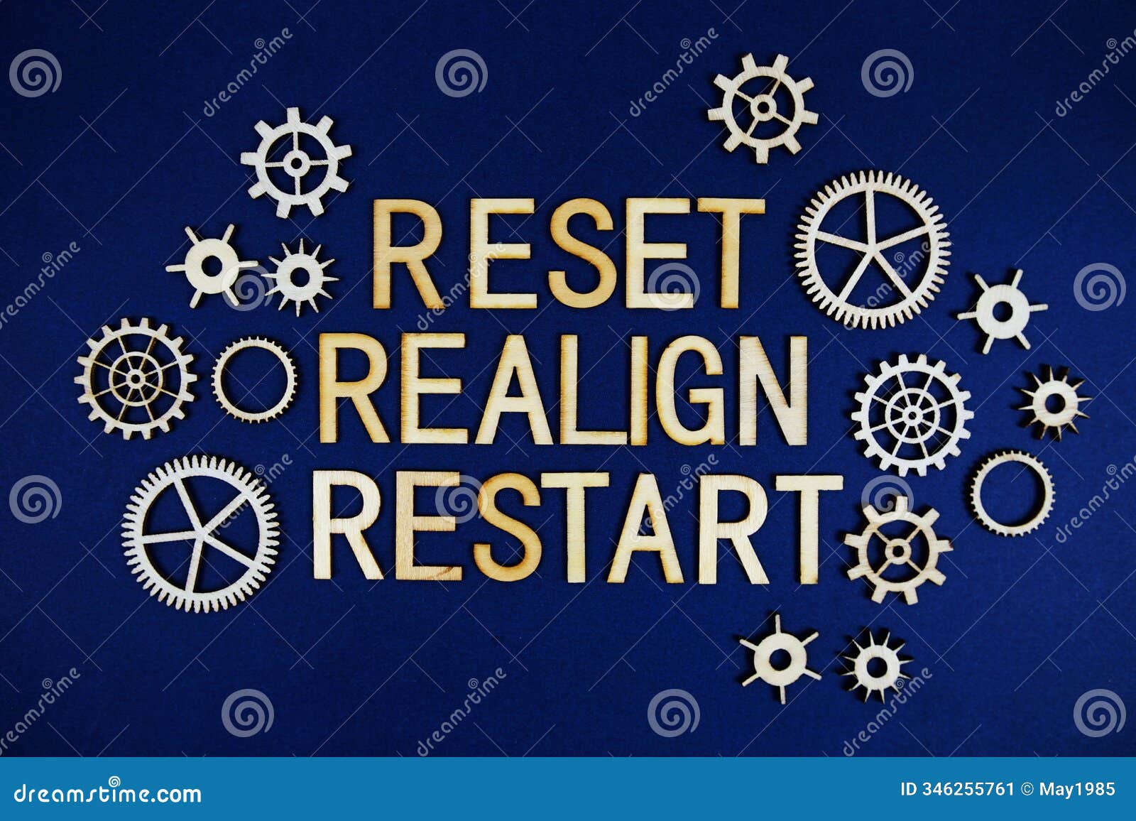 Reset Realign Restart Alphabet Letters with Gears Element on Navy Blue ...