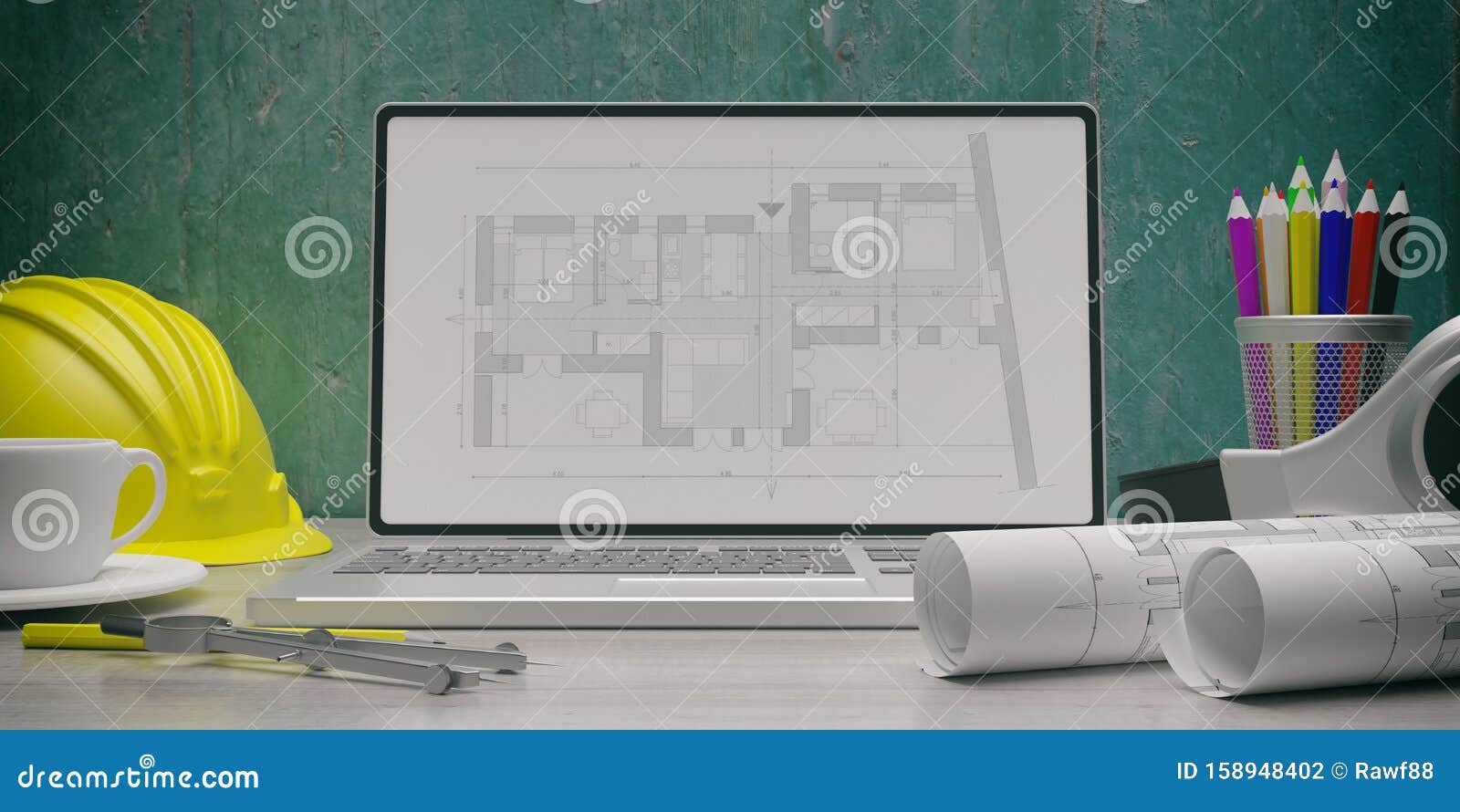 Residential Building Blueprint Plan on a Laptop Screen. 3d Illustration ...