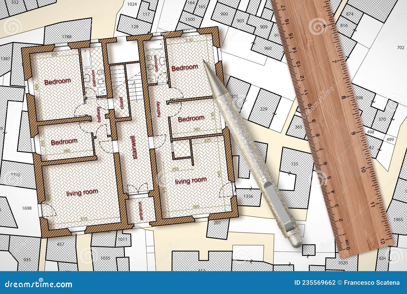 Residential Building Plan Over an Imaginary Cadastral Map of Territory ...